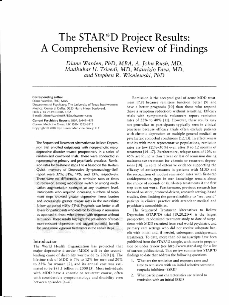 The Star D Project Results | PDF | Major Depressive Disorder ...