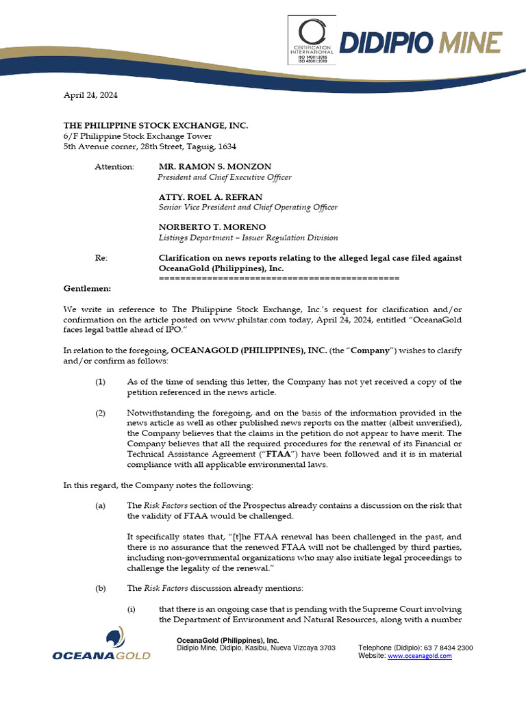 OceanaGold Legal Case Clarification | PDF | Public Law | Justice