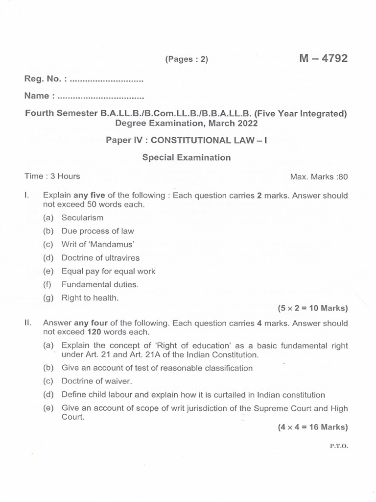 4th BA BBA BCom Constitution I March 2022 | PDF