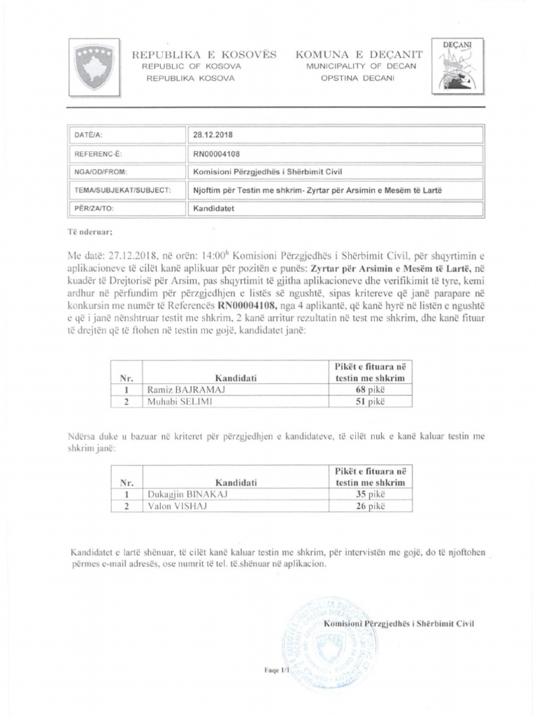 Njoftim Testi Me Shkrim Per Poziten e Punes Zyrtar Per Arsimin e Mesem ...