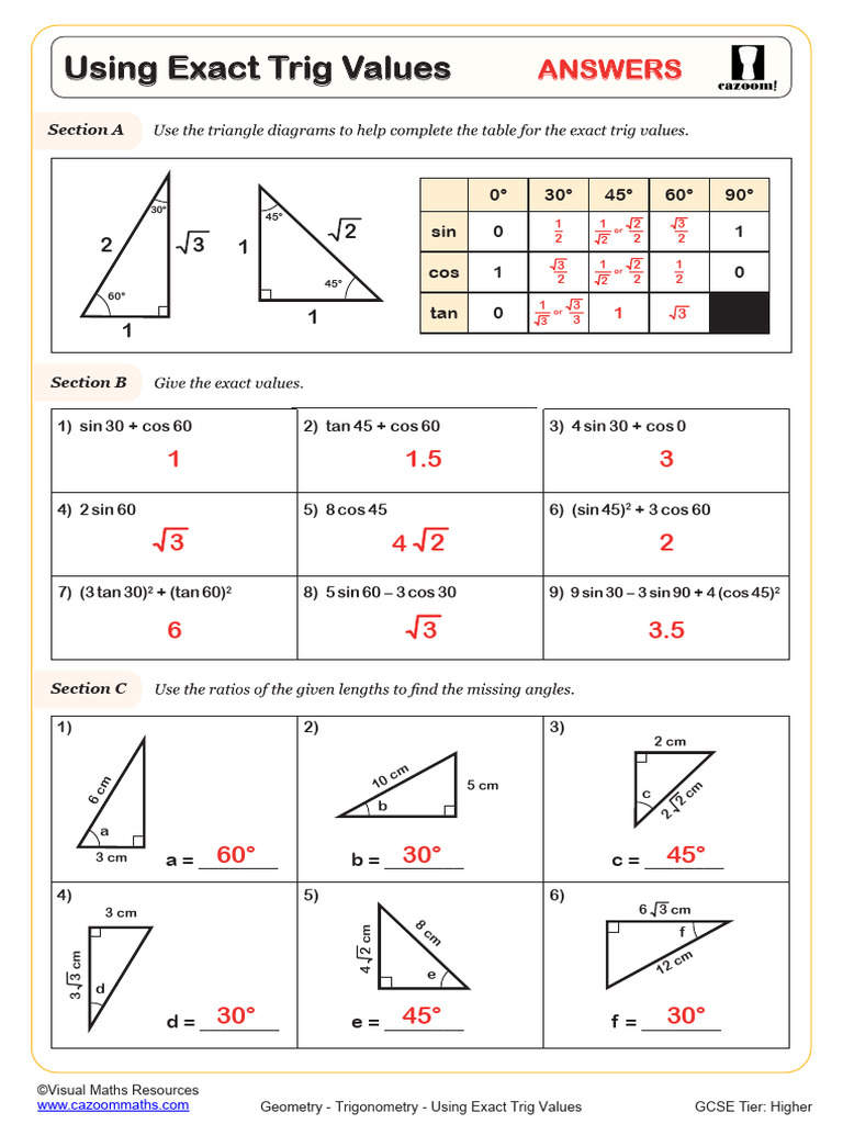Cazoom Maths. Trigonometry. Using Exact Trig Values. Answers | PDF ...