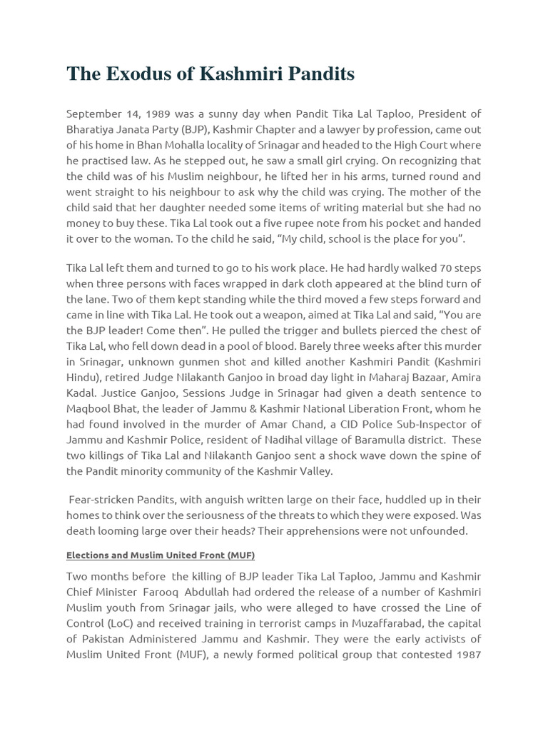 The Exodus of Kashmiri Pandits | PDF | Kashmir The Exodus of Kashmiri Pandits | PDF | Kashmir