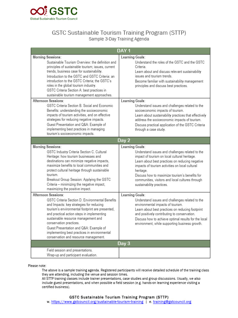 GSTC Training Sample Agenda 3day | PDF | Sustainability | Tourism GSTC Training Sample Agenda 3day | PDF | Sustainability | Tourism