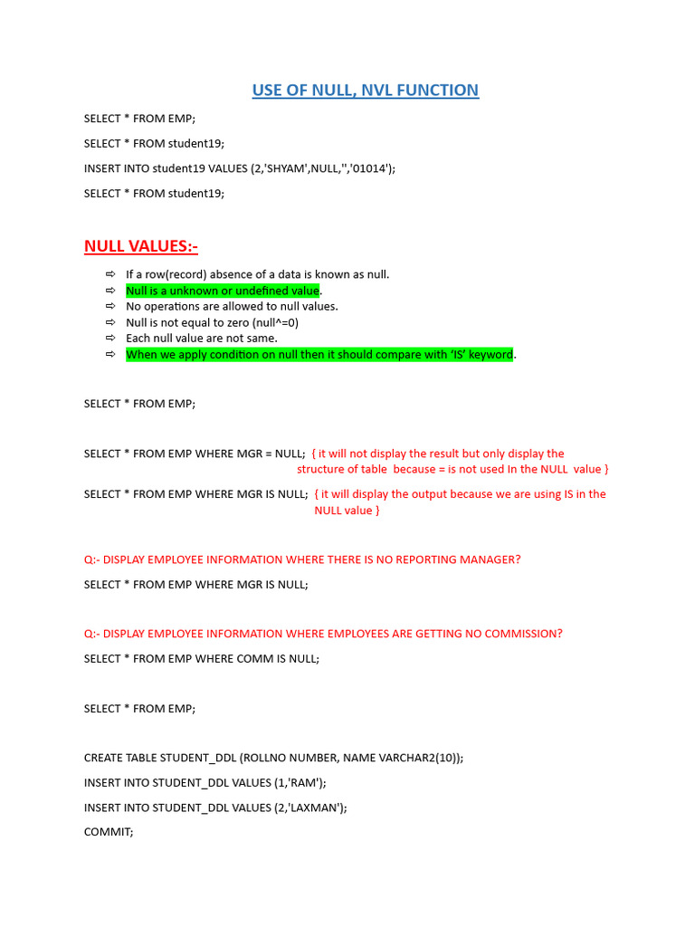 09-02-24 Single Row Function, Null, NVL Function | PDF | Software Engineering | Computing
