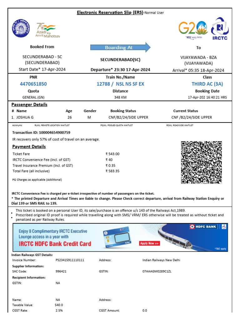 Joshua KCG To VSKP Irctc | PDF | Identity Document