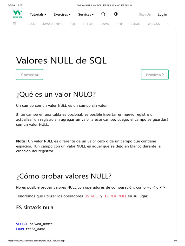 Valores NULL de SQL: ¿Qué Es Un Valor NULO? | Descargar gratis PDF | SQL | Software de gestión ...