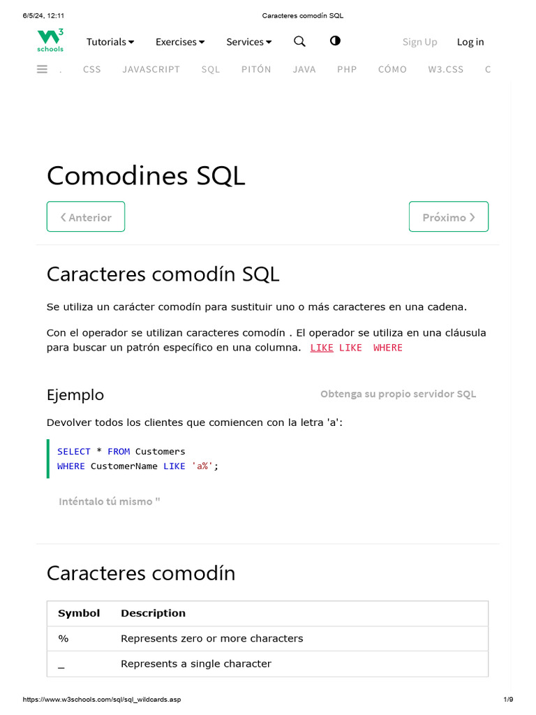 Comodines SQL: Caracteres Comodín SQL | PDF | SQL | Datos de computadora