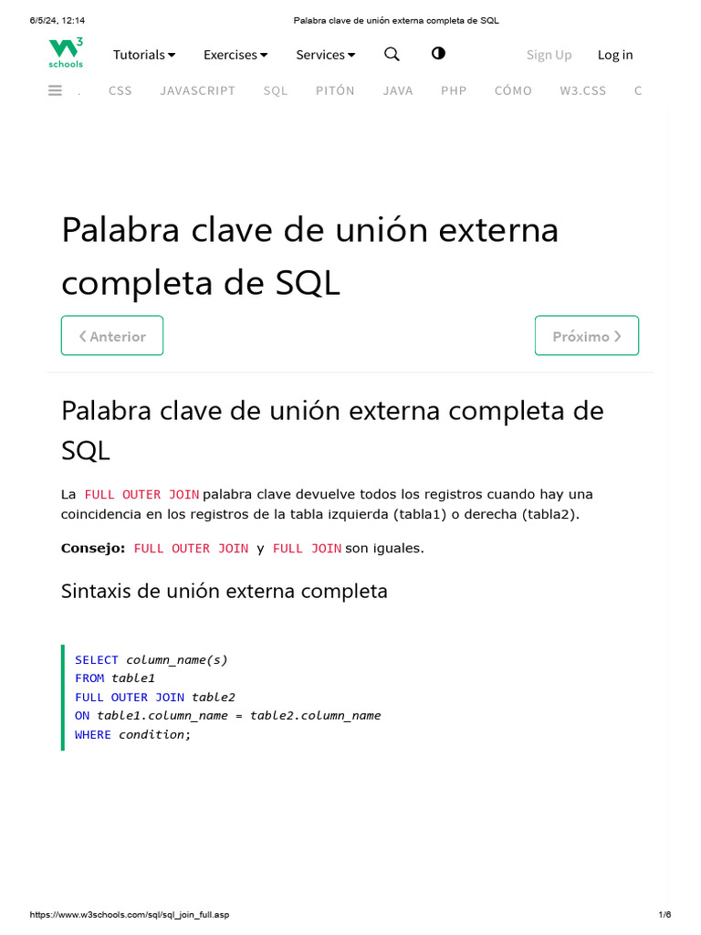 Palabra Clave de Unión Externa Completa de SQL | PDF | SQL | Datos