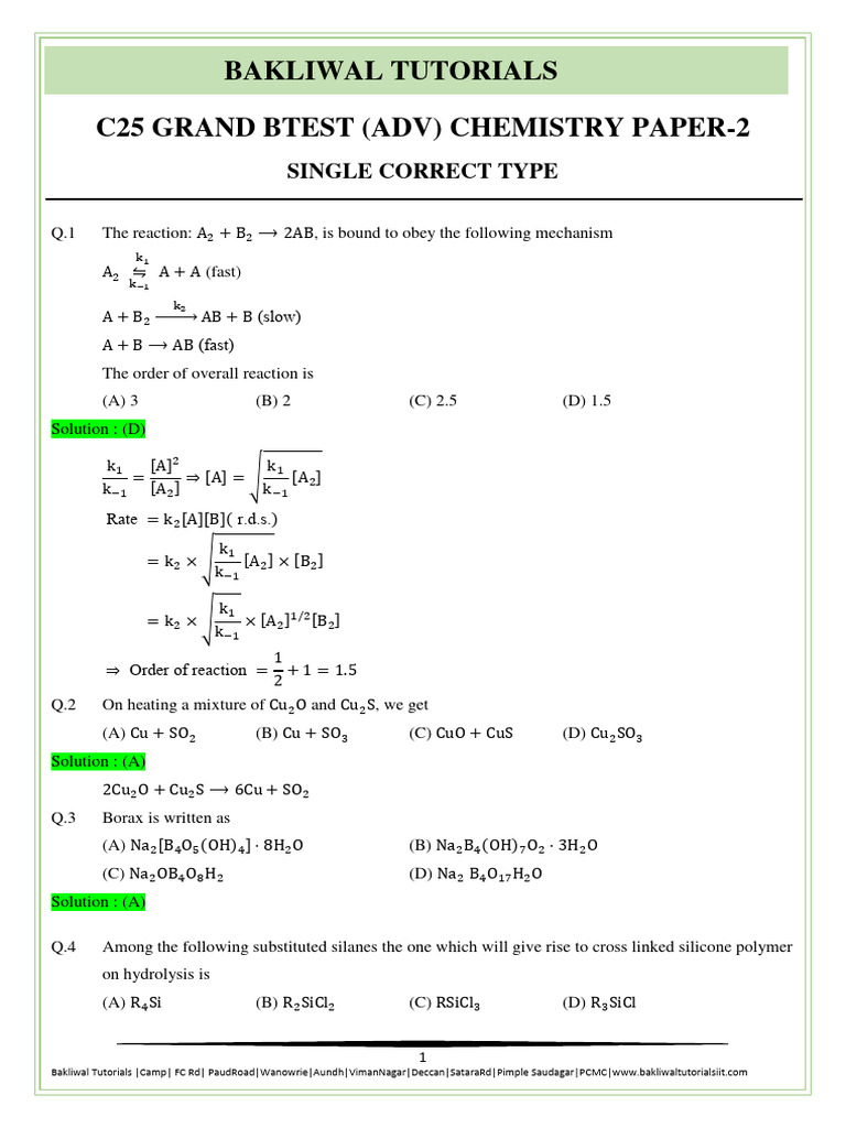 Jee (ADV) CHEMISTRY PAPER-mock | PDF | Chemistry | Physical Sciences