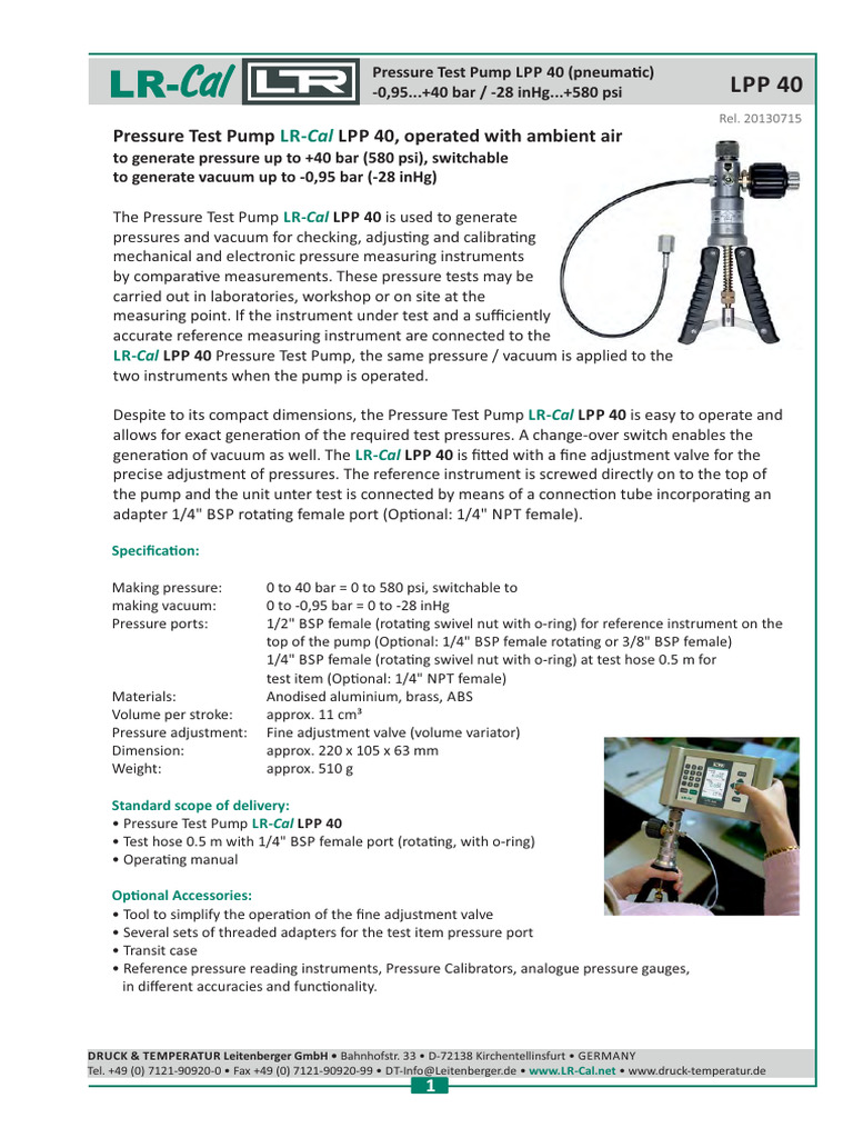 Pressure Test Pump Data Sheet - v0 - 09.11.2016 | PDF | Vacuum | Pump