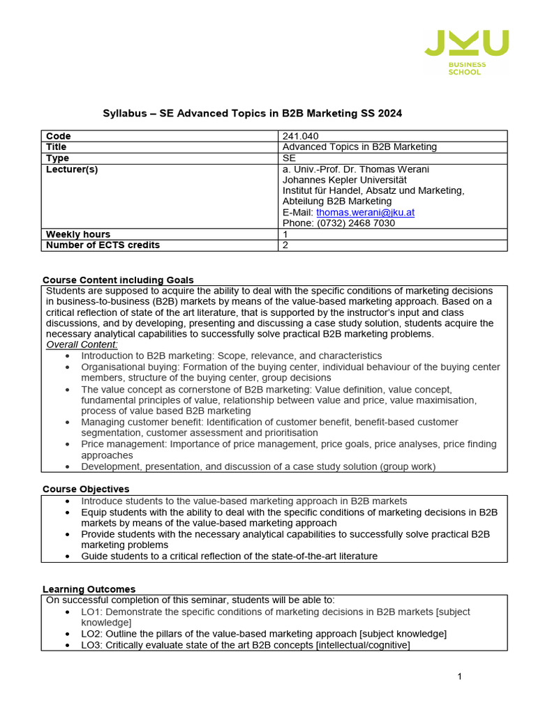 Advanced B2B Marketing Seminar Syllabus | PDF | Marketing | Learning
