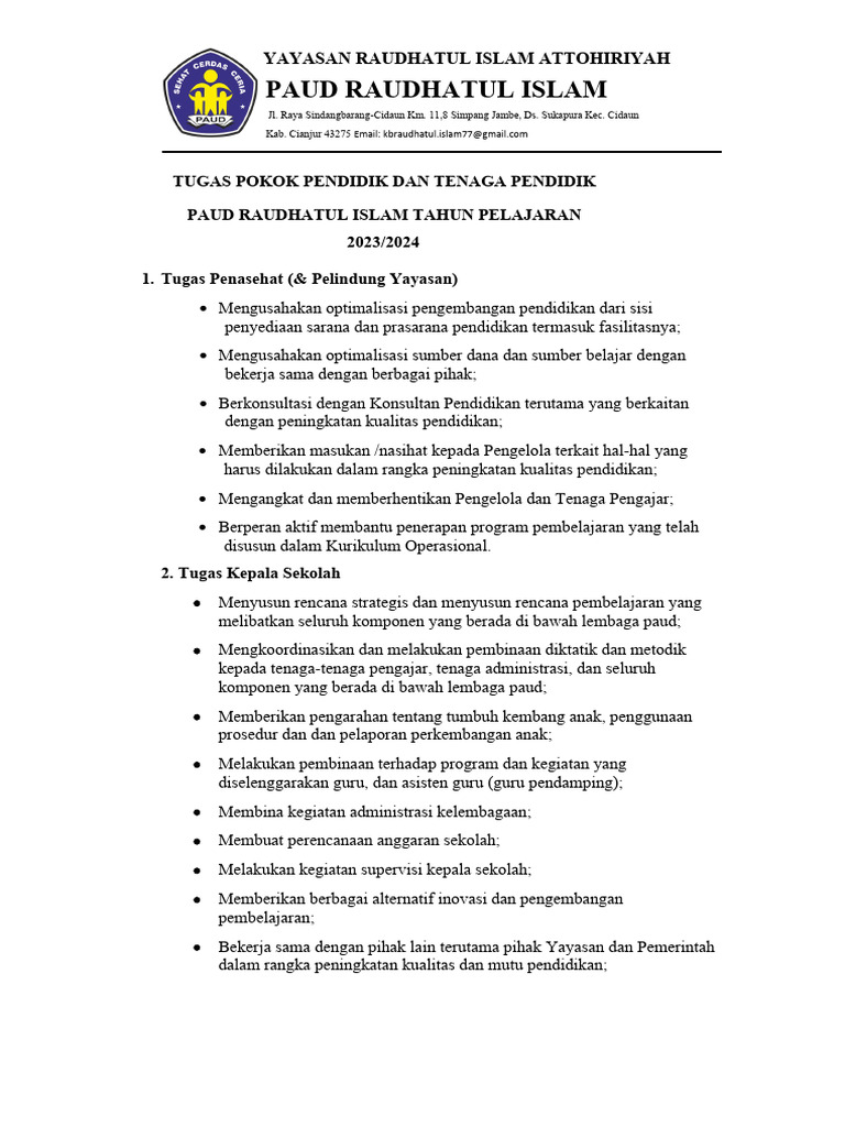 Contoh Tupoksi PAUD | PDF | Karier & Perkembangan