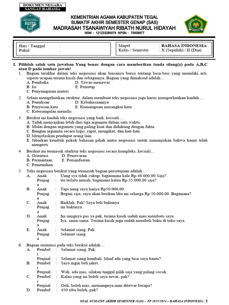 Soal Sumatif Akhir Semester Genap (Sas) Bahasa Indonesia KLS X 2024 | PDF
