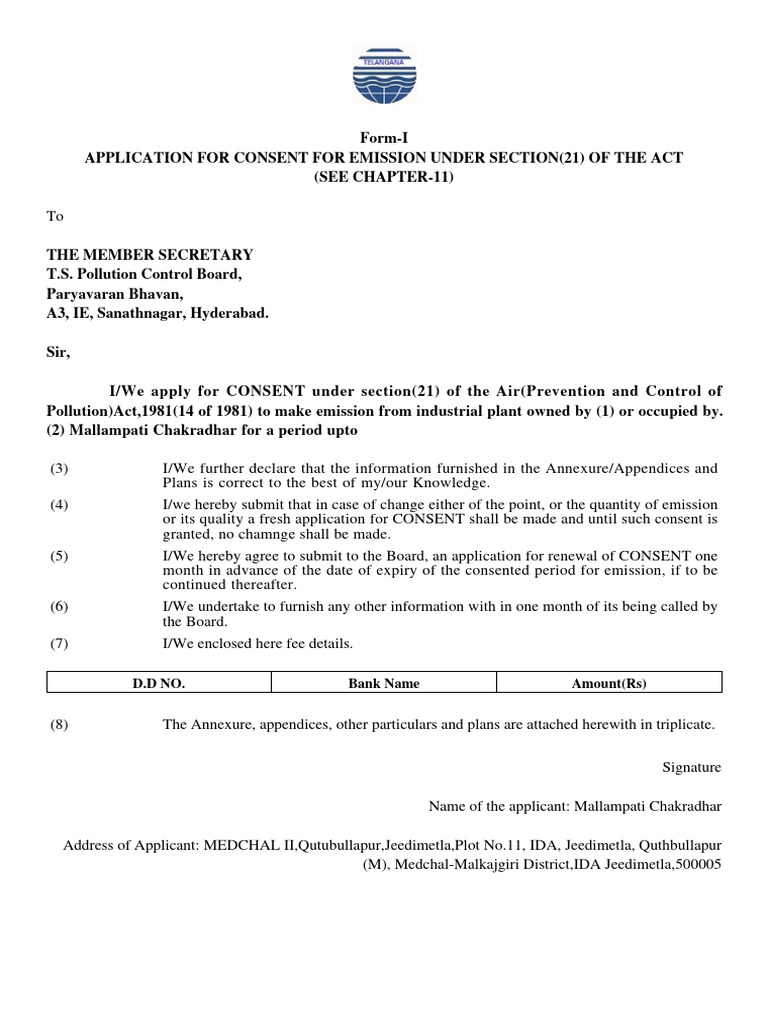 Air Emission Consent Application Form | PDF | Air Pollution | Particulates