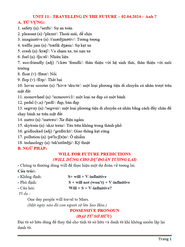 UNIT 11 - TRAVELLING IN THE FUTURE - 02.04.2024 - Anh 7 | PDF | Rocket | Fuels