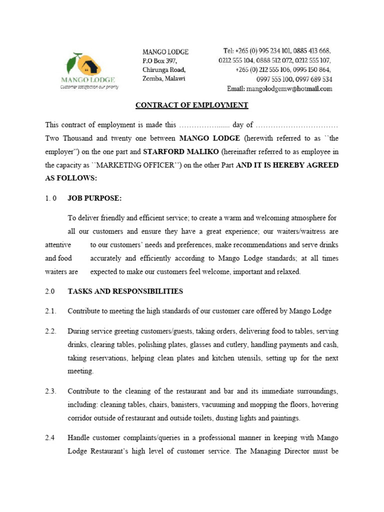 Restaurant Employment Contract Sample | PDF | Waiting Staff | Employment