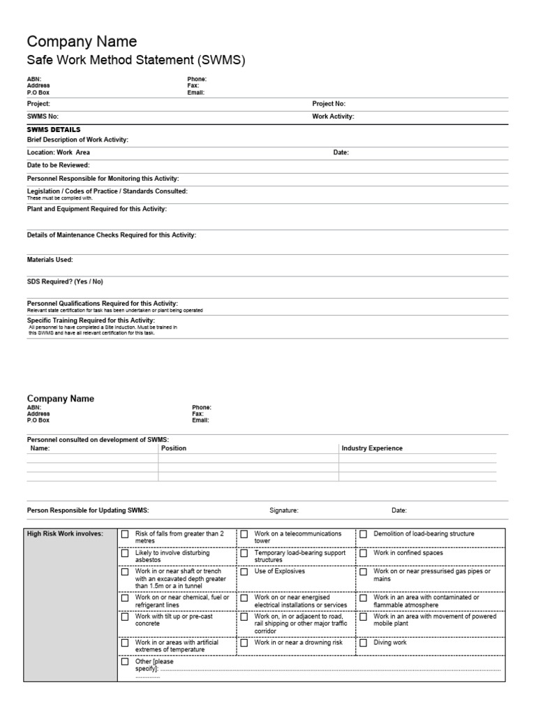 EXAMPLE BLANK SWMS | PDF | Risk | Risk Assessment