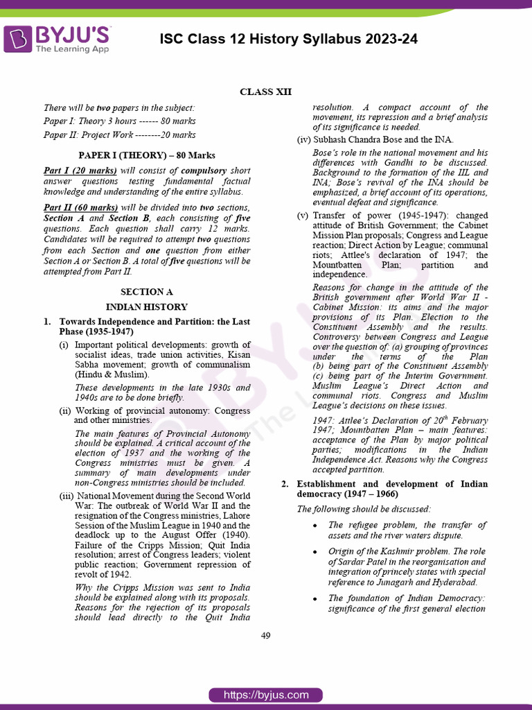 ISC Class 12 History Syllabus 2023 24 | PDF | Cold War | Partition Of India