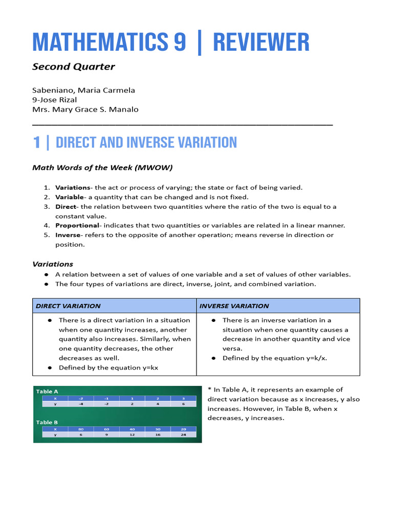 Q2 FINAL Reviewer Mathematics | PDF | Variable (Mathematics) | Quantity