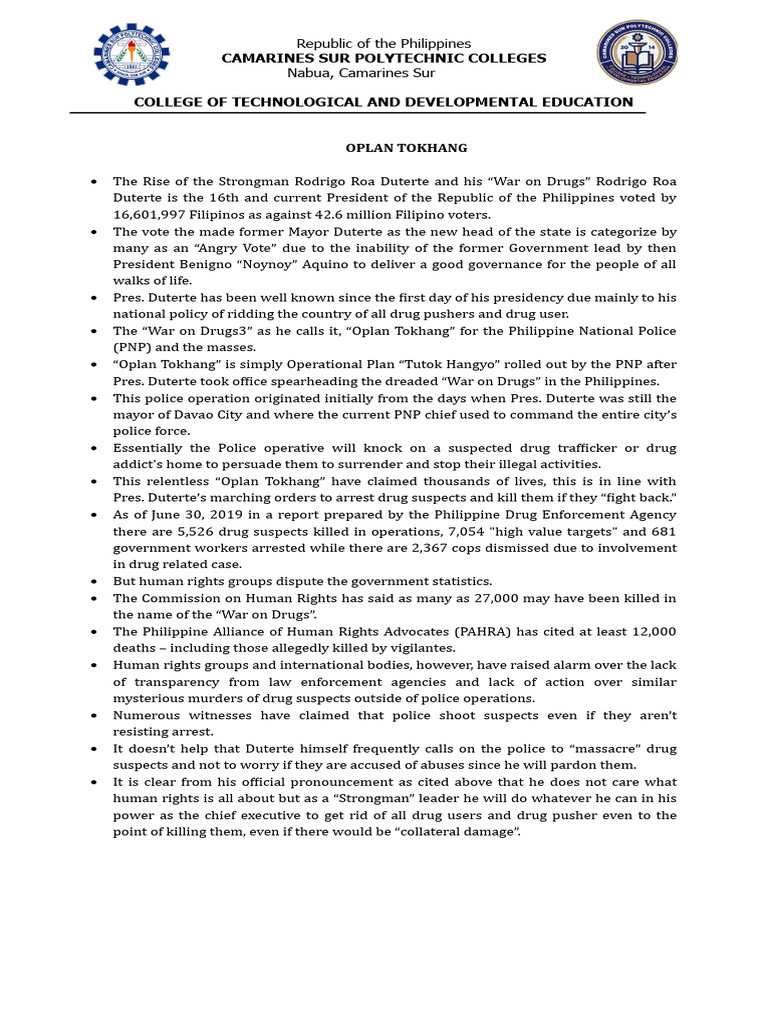 Oplan Tokhang | PDF | Rodrigo Duterte | Crimes