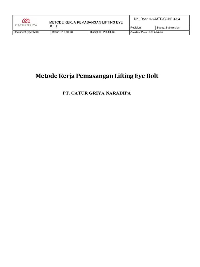 Metode Kerja Pemasangan Lifting Eye Bolt | PDF | Teknologi & Rekayasa