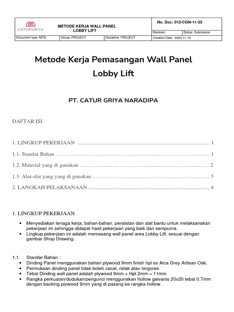 Metode Kerja Pemasangan Wall Panel Lobby Lift | PDF