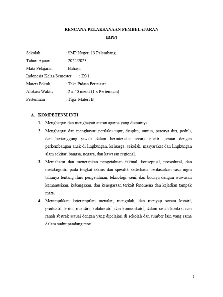 RPP Menyimpulkan Pembukaan Pidato Akhmad Rifqi Pert. 3 Fix | PDF | Karier & Perkembangan | Seni ...