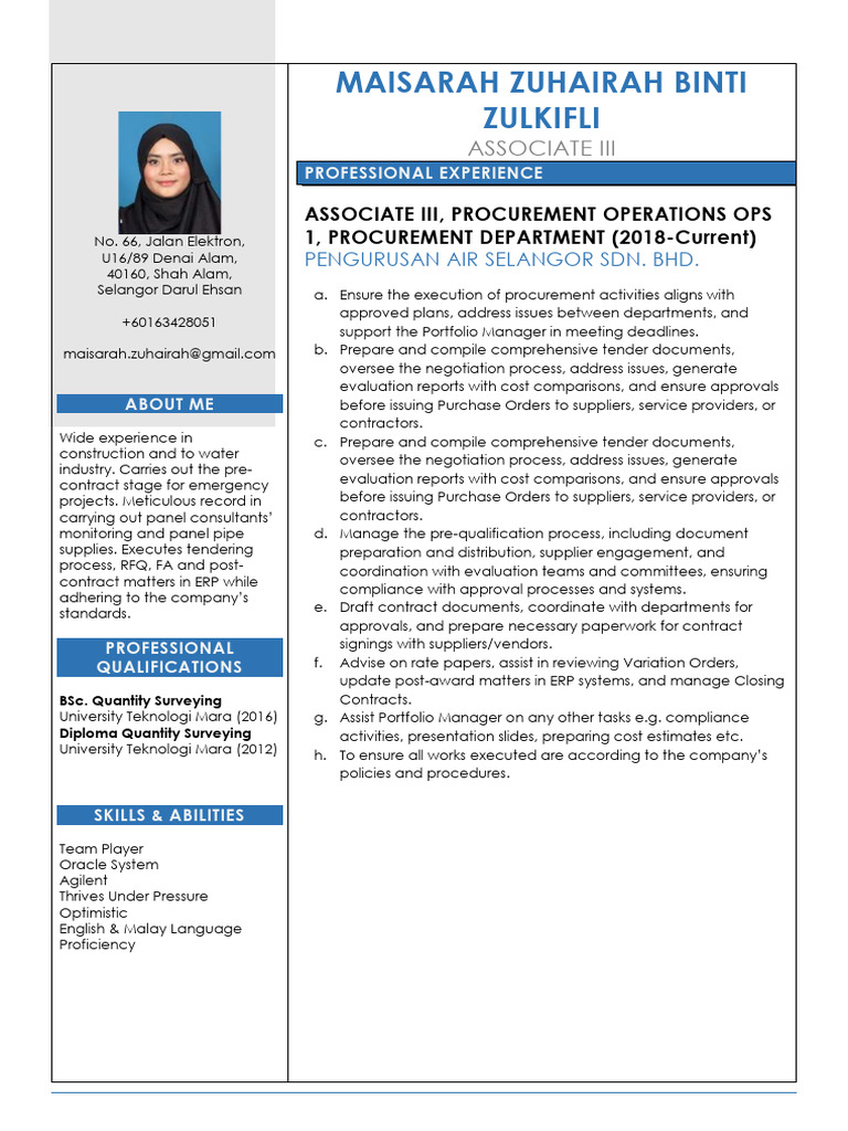 MAISARAH RESUME 2024 | PDF | Consultant | Procurement