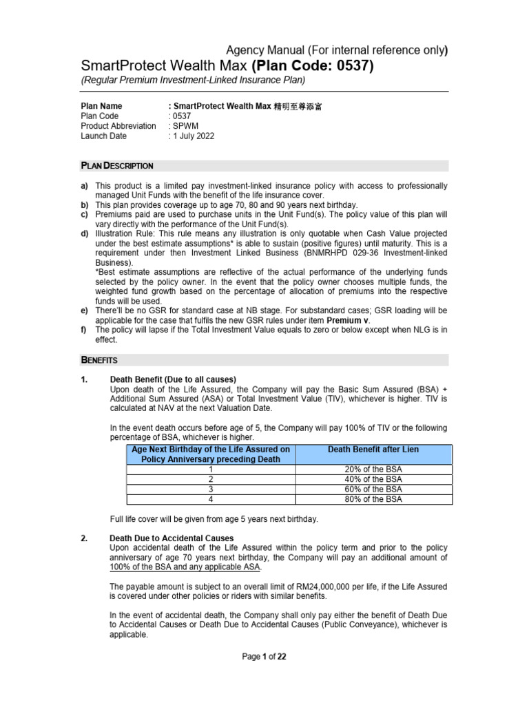 Agency Manual - SmartProtect Wealth Max (0537) | PDF | Investment Fund ...