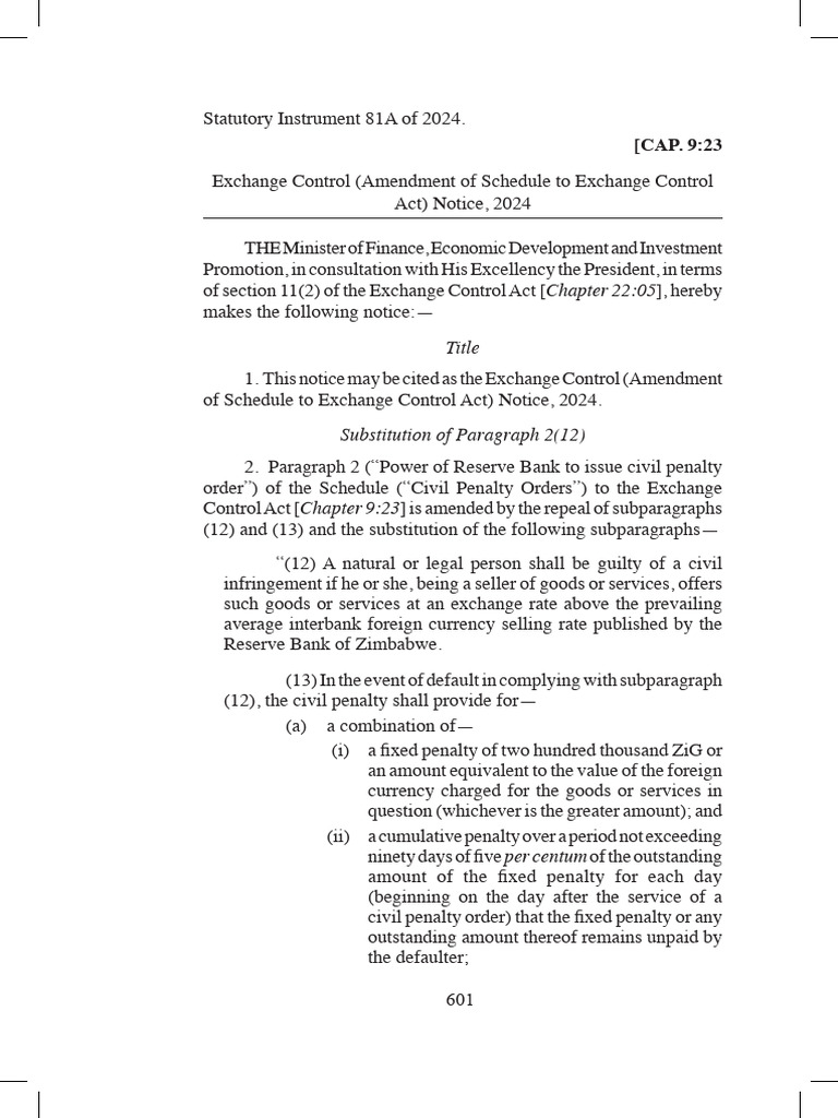 S.I. 81A of 2024 Exchange Control (Amendment of Schedule To Exchange ...
