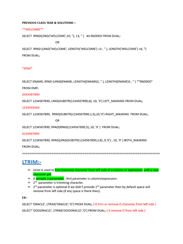 Ltrim, Rtrim, Replace, Translate Trim With Leading, Trim With Trailing | PDF | Oracle Database ...