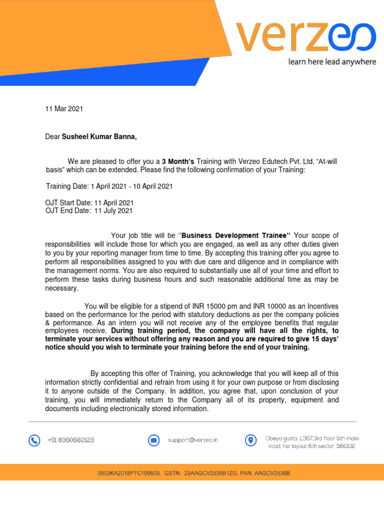 Trainee Offer Letter - Susheel Kumar Banna | PDF | Mail | Business
