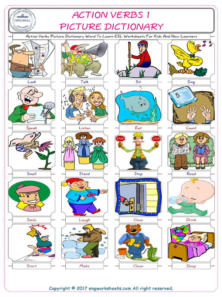 Action Verbs Picture Dictionary Word To Learn ESL Worksheets For Kids ...
