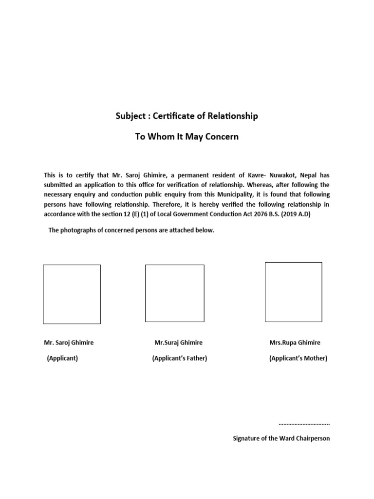 Certificate of Relationship Verification | PDF