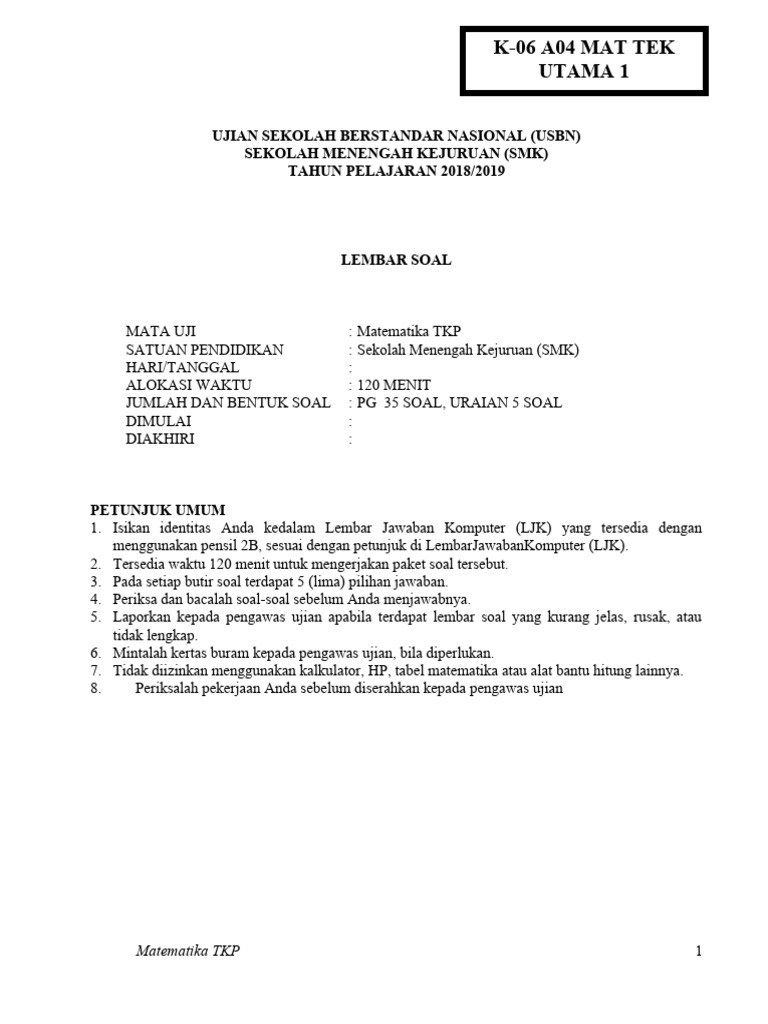 Naskah Soal Usbn K06 TKP Utama 1 | PDF