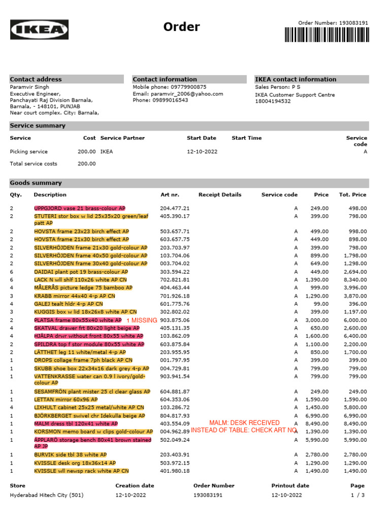 Order: Contact Address Contact Information IKEA Contact Information | PDF