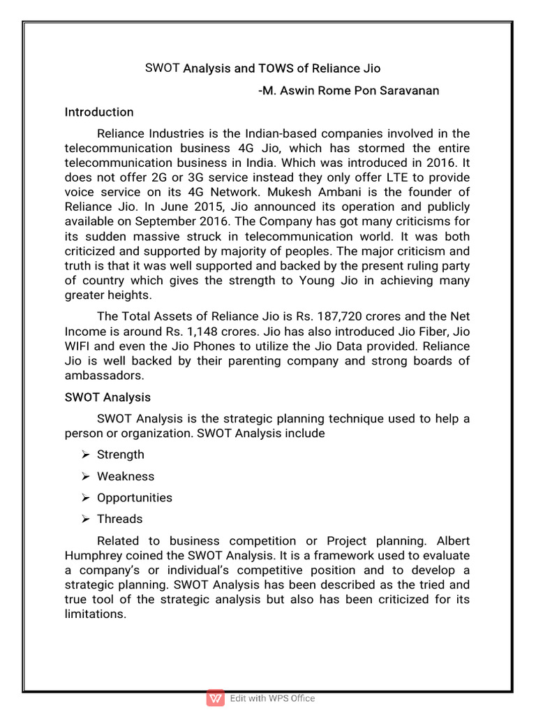SWOT and TOWS Analysis of Reliance Jio | PDF