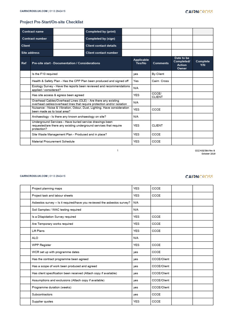 064 Pre Start On Site Check List - B | PDF | Waste | First Aid
