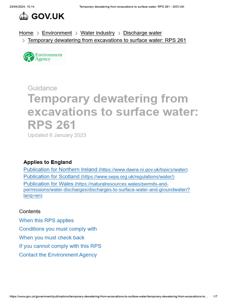 Temporary Dewatering From Excavations To Surface Water - RPS 261 - GOV ...