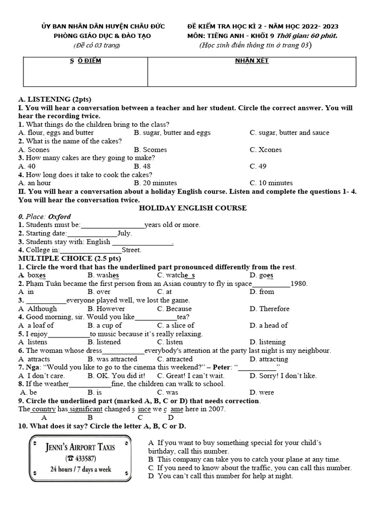 Đề Và Hướng Dẫn Chấm Tiếng Anh 9 HK II 2022-2023 | PDF | Planets | Venus