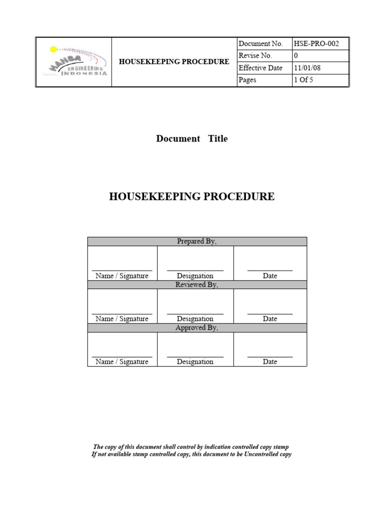 HSE-PRO-002 (House Keeping Procedure) | PDF | Housekeeping