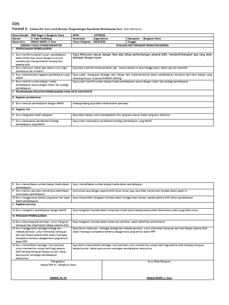 Daftar Evaluasi Kerja Diri Guru | PDF | Karier & Perkembangan