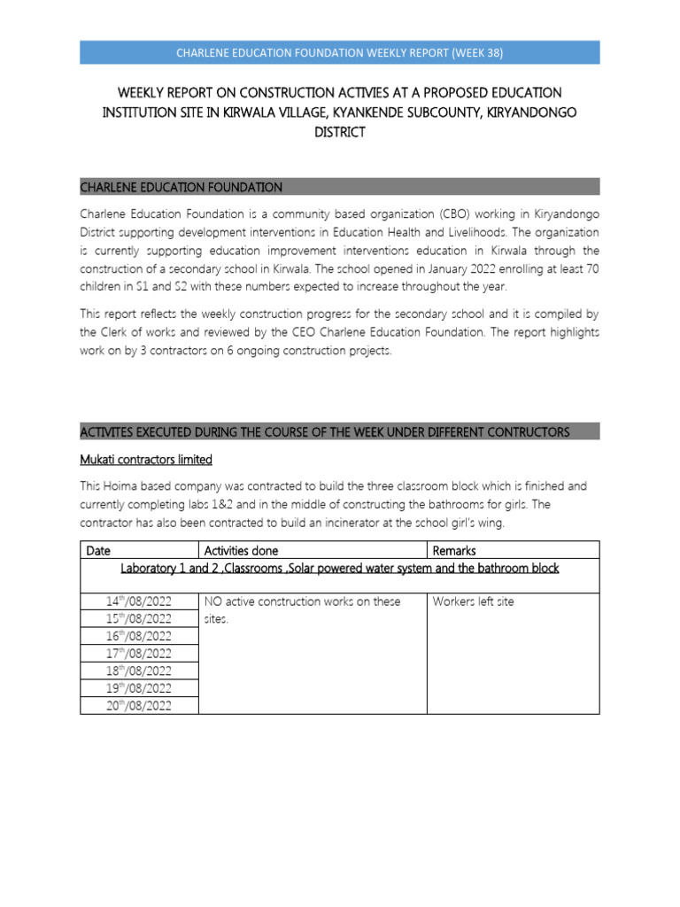 CEF -WEEK 38 REPORT | PDF | Plaster | Building Engineering