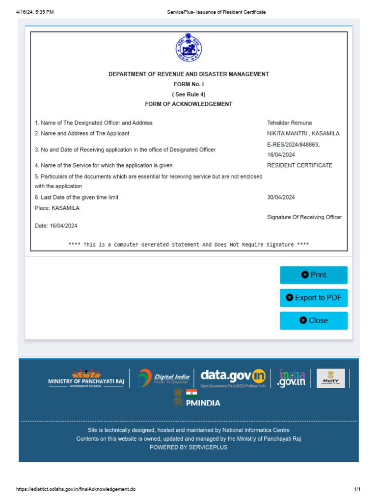 ServicePlus - Issuance of Resident Certificate | PDF