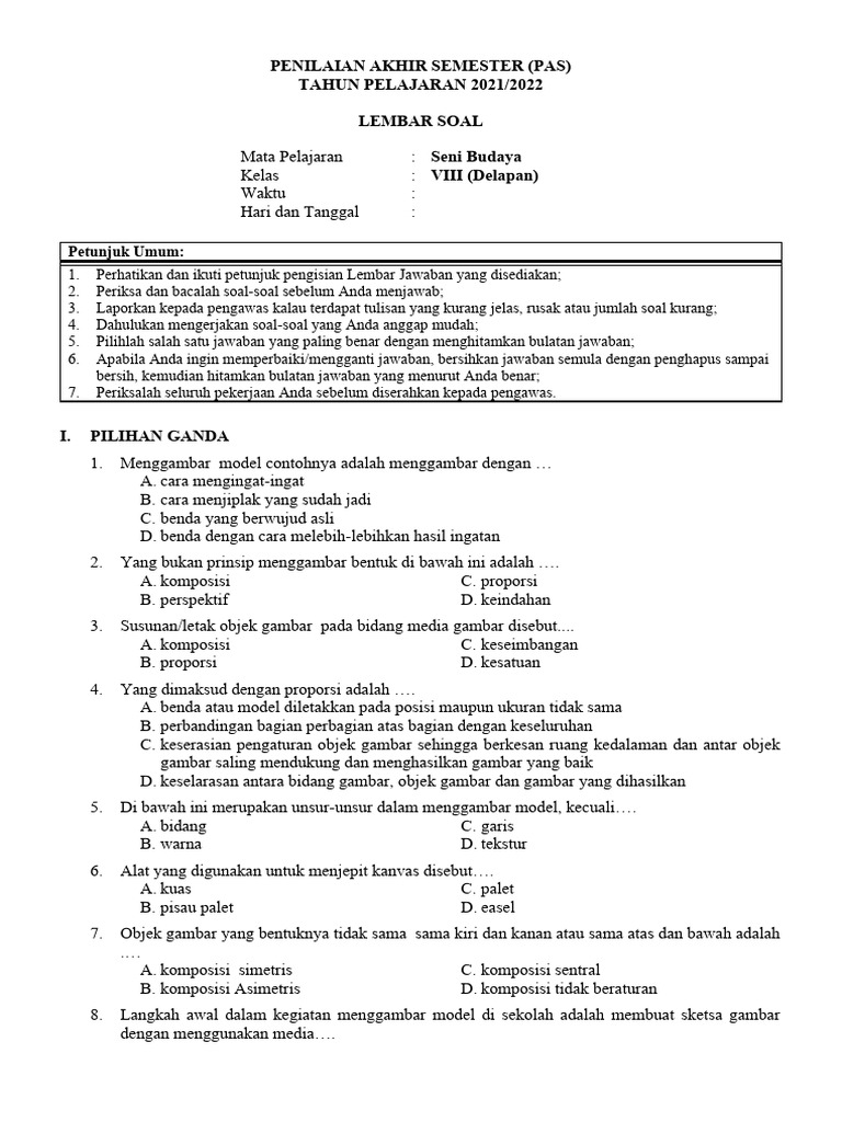 Soal Ujian Semester Seni Budaya Kelas 8 | PDF