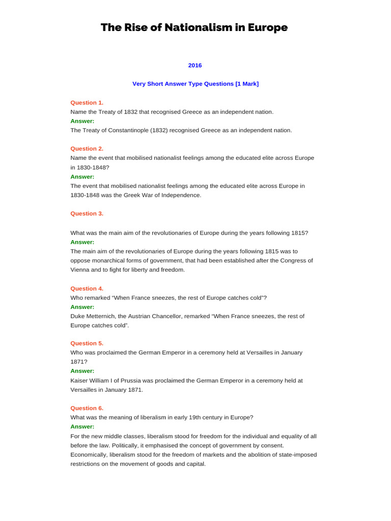 The Rise of Nationalism in Europe Chapter Wise Important Questions Class 10 Social Science ...