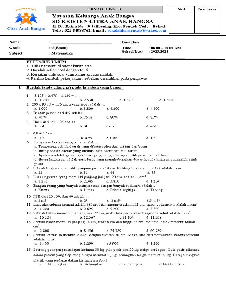 Soal Try Out Matematika Kelas 6 | PDF
