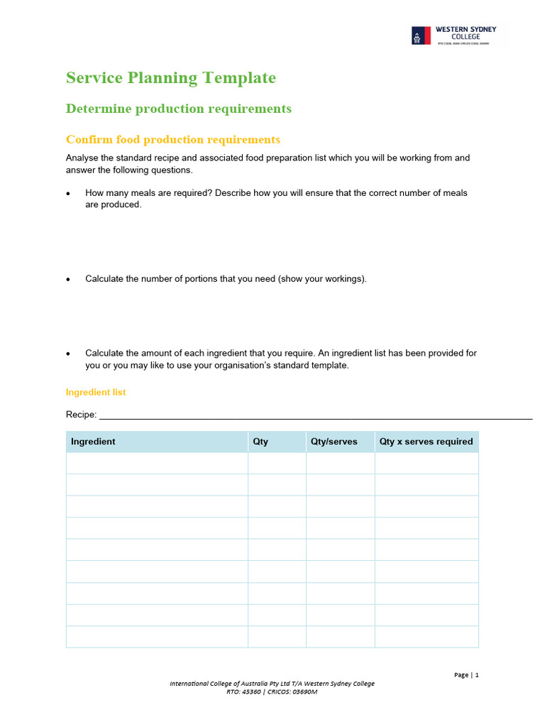 SITHCCC028 Service Planning Template | PDF | Cooking | Recipe