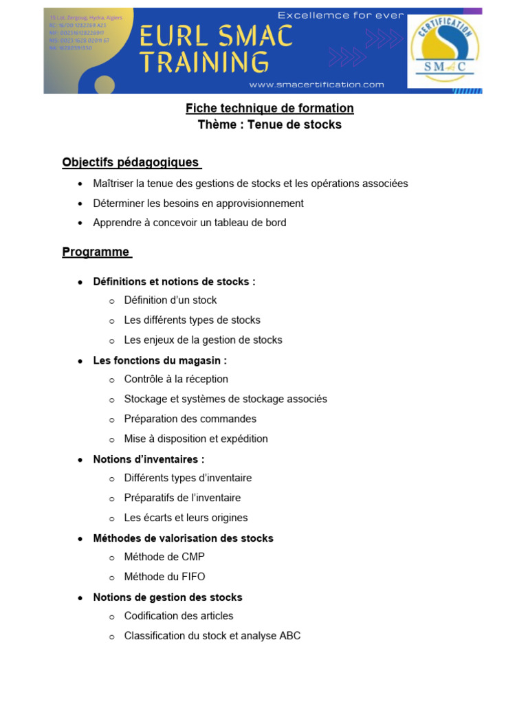 Fiche Technique de Formation Gestion Des Stocks Et Appros | PDF