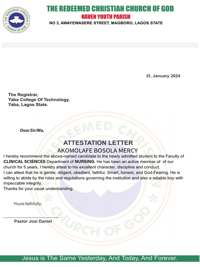 Attestation Letter Akomolafe Bosola Mercy PDF | PDF